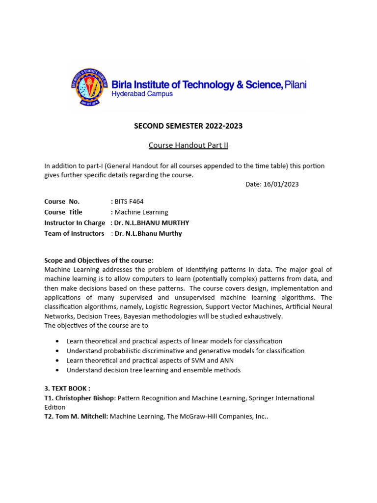 Bits F464 Machine Learning - Handout | PDF | Machine Learning | Statistical Classification