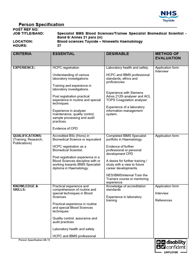 July 2024 Band 6 Person Spec | PDF | Laboratories | Health Care