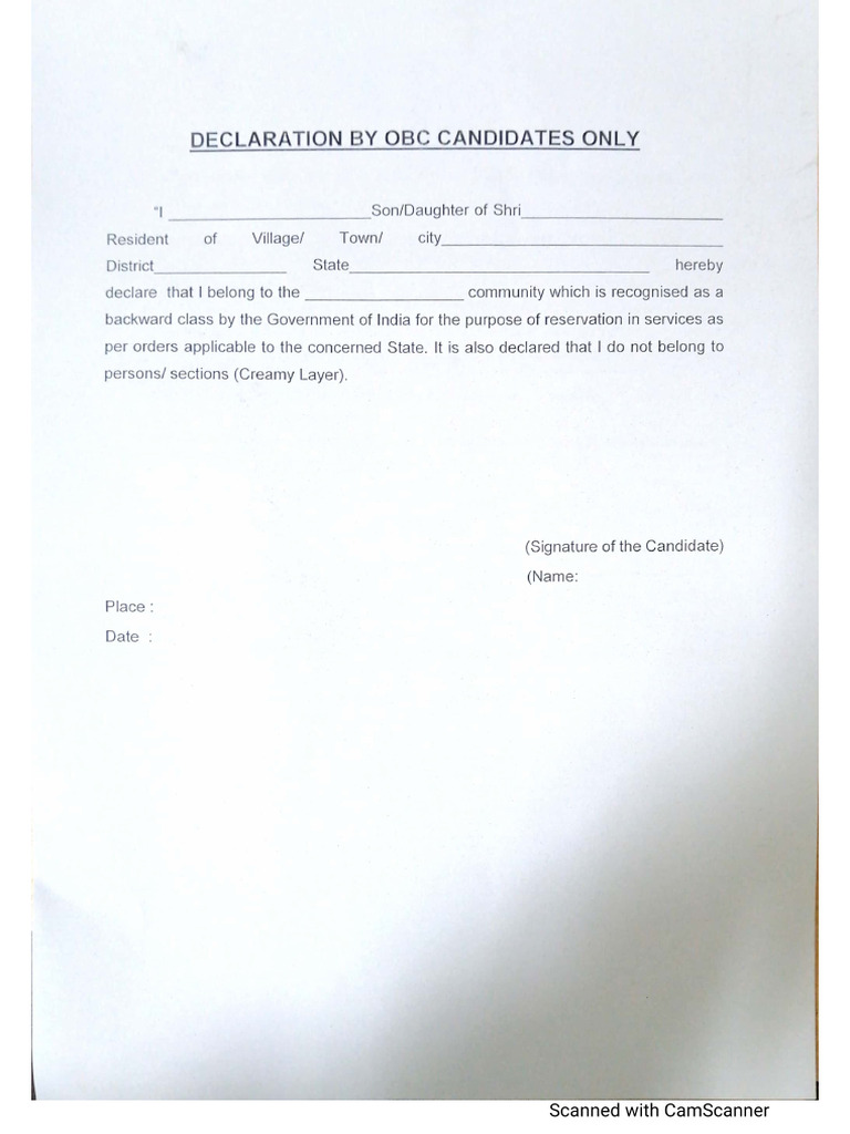 Format Obc Certificate And Declaration By Obc Candidates Pdf