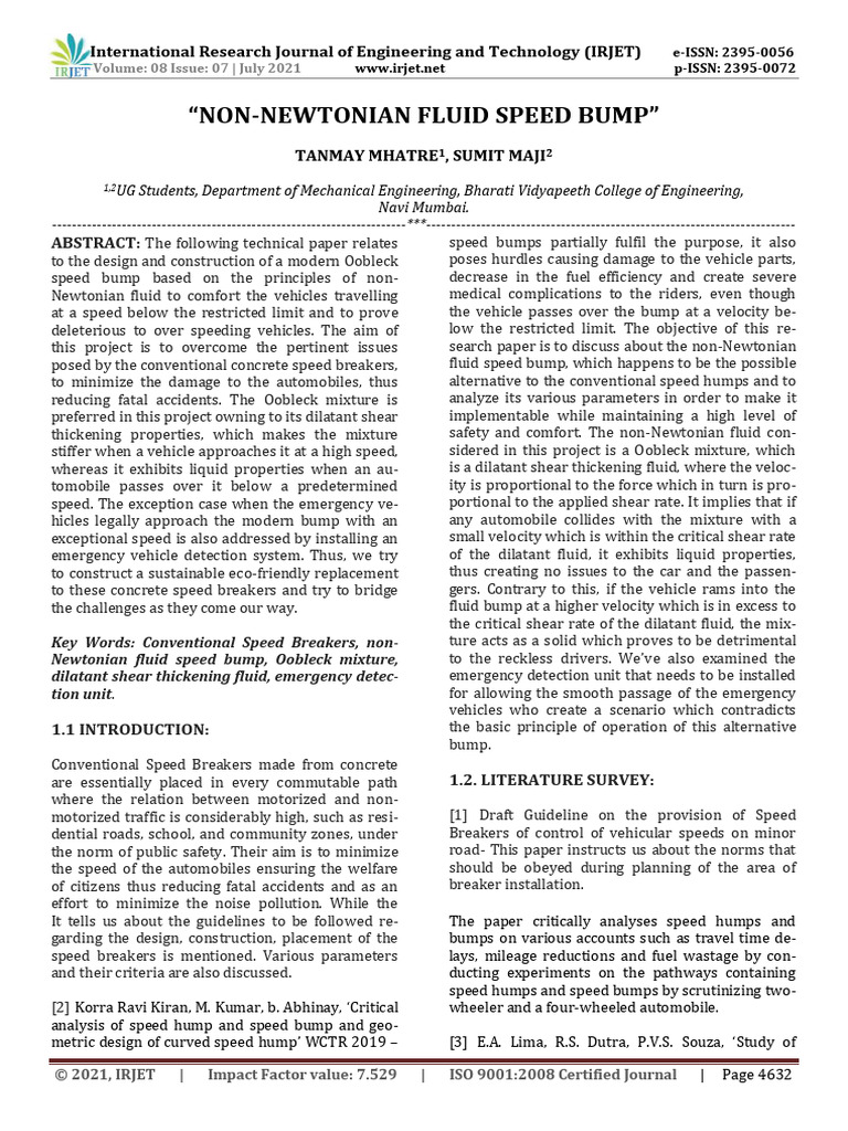 IRJET Non Newtonian Fluid Speed Bump | PDF | Fuel Economy In Automobiles | Pump