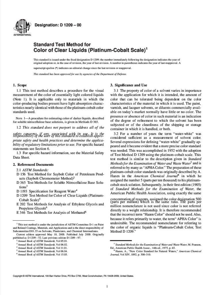 ASTM D1209 Platinum-Cobalt Color Test | PDF | Hydrochloric Acid ...