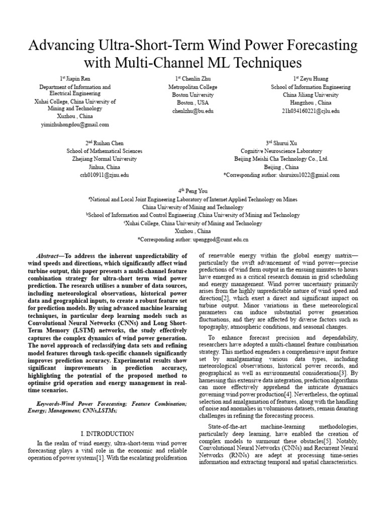 Advancing Ultra-Short-Term Wind Power Forecasting With Multi-Channel ML Techniques | PDF ...