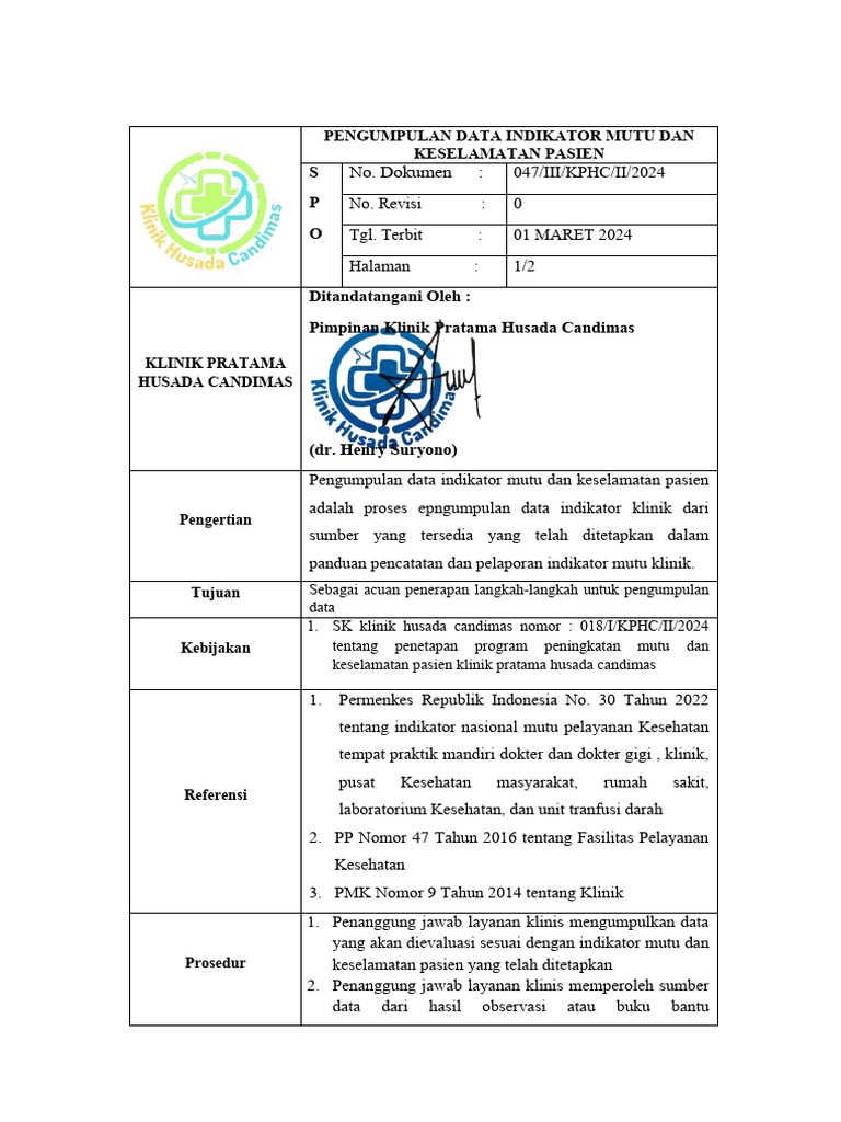 Sop Pengumpulan Data Indikator Mutu Dan Keselamatan Pasien | PDF