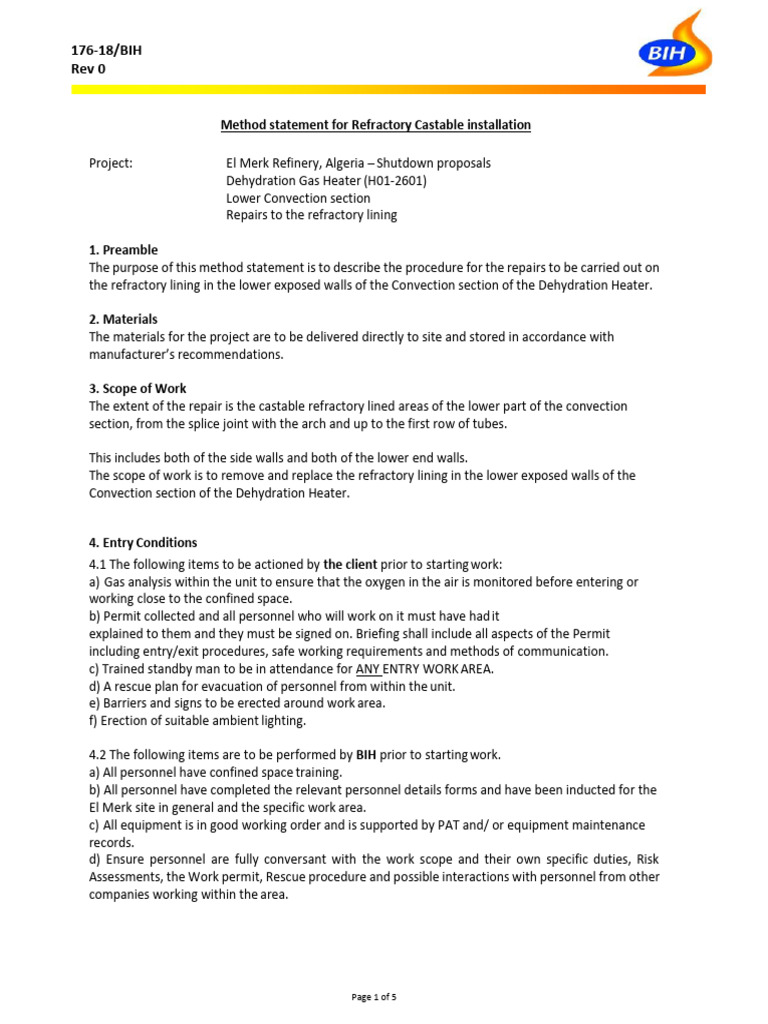 BIHL Method Statement - Castable | PDF | Refractory