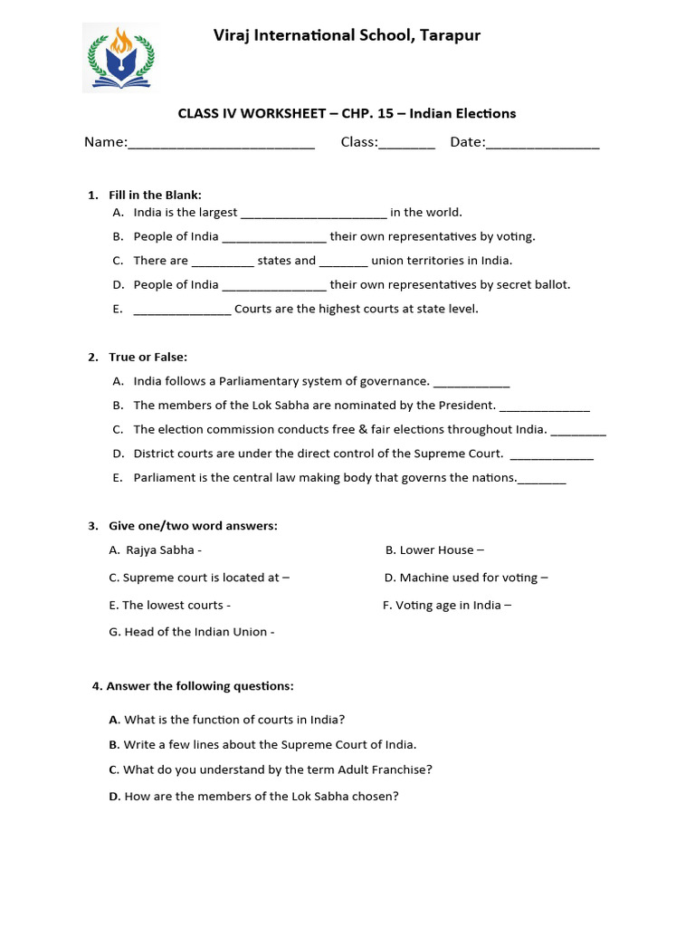 Class 4 Worksheet on Indian Elections | PDF