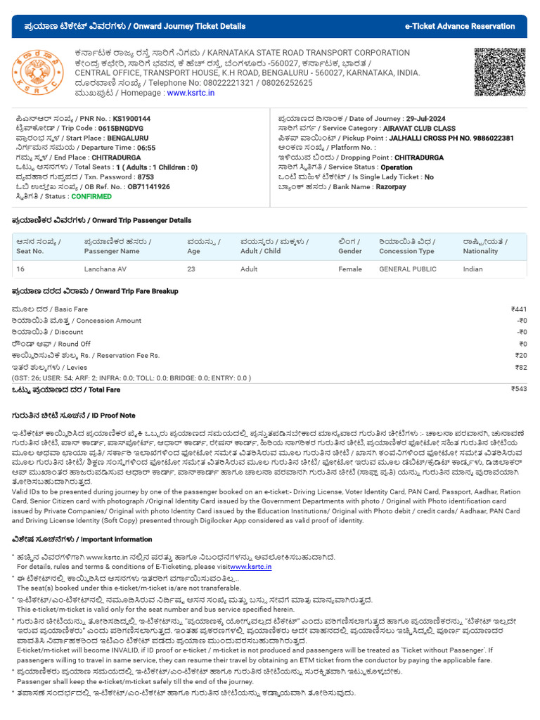 Bangalore Chitradurga KS1900144 | PDF