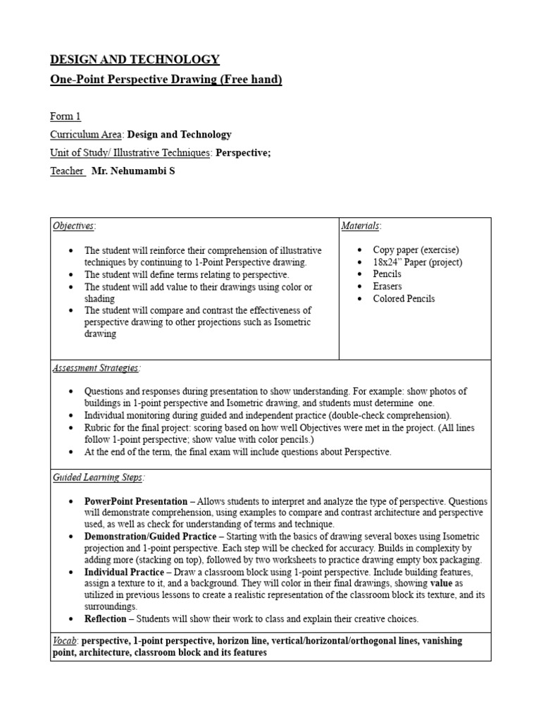 Design and Technology Lesson Plan-1 | PDF | Drawing | Perspective (Graphical)