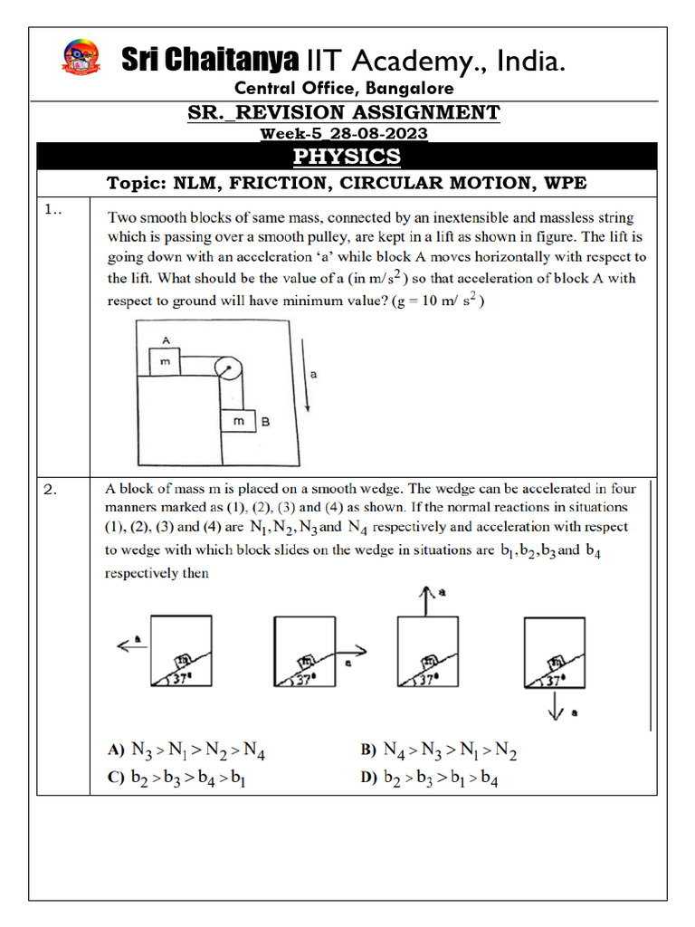 W-5 Day-2 PHY REV - ASSN 29-08-2023 | PDF | Physical Sciences | Dynamics (Mechanics)