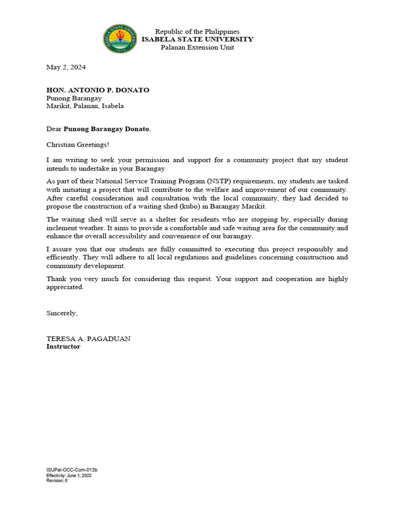 Communication Letter For NSTP | PDF | Career & Growth | Social Science