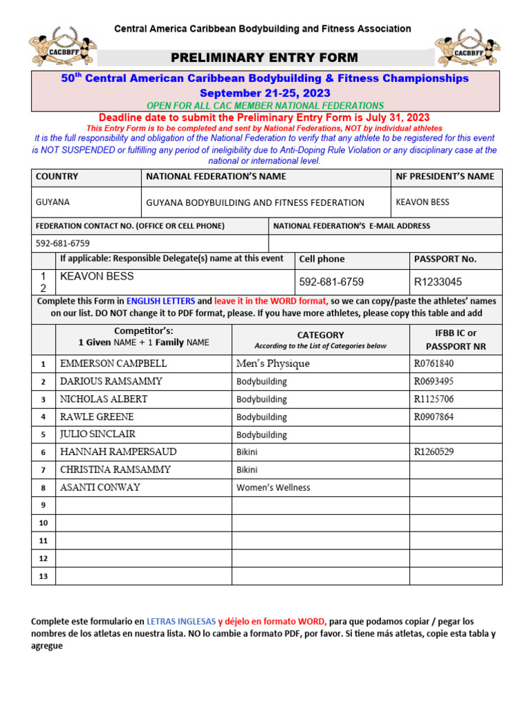 2023 Cacbbff Final Entry Form Guyana | PDF | Weight Training