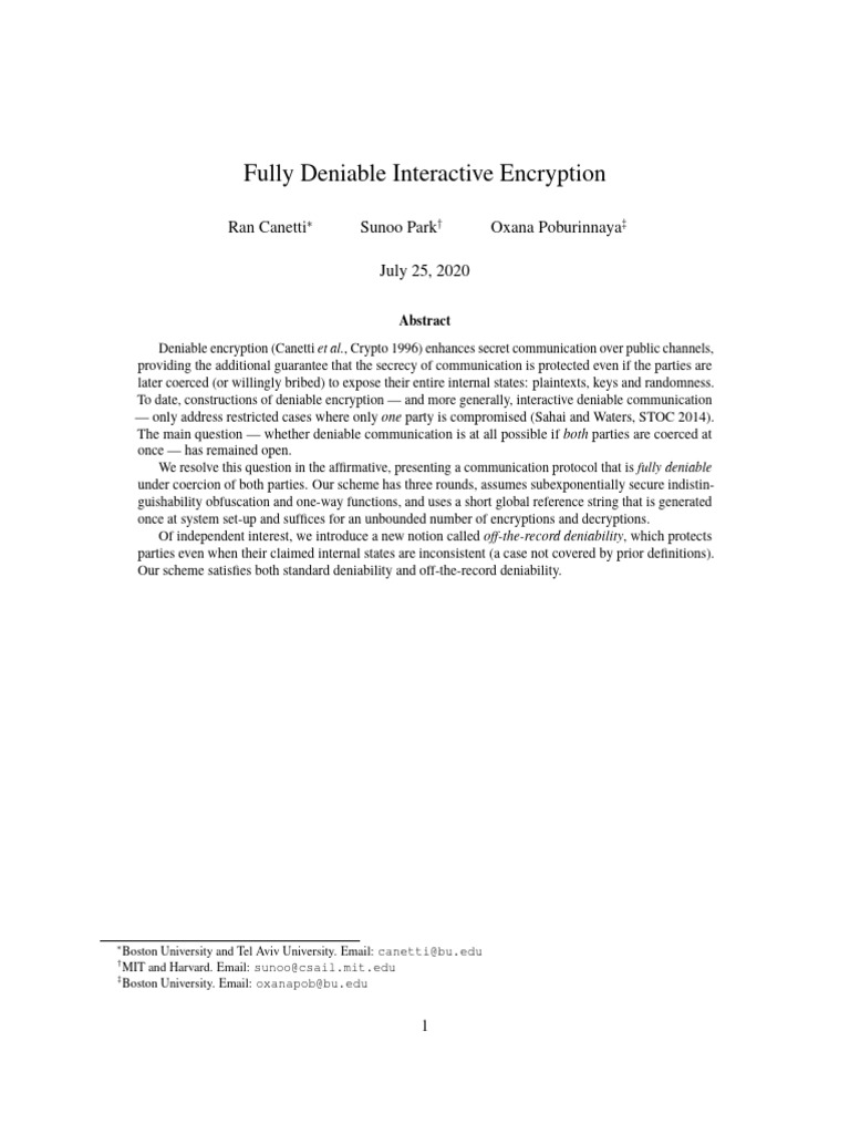 Fully Deniable Interactive Encryption: Ran Canetti Sunoo Park Oxana ...