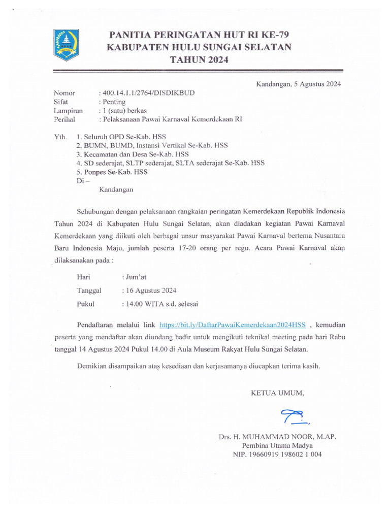 Surat Dan Juknis Pawai Karnaval Kemerdekaan HSS 2024 | PDF