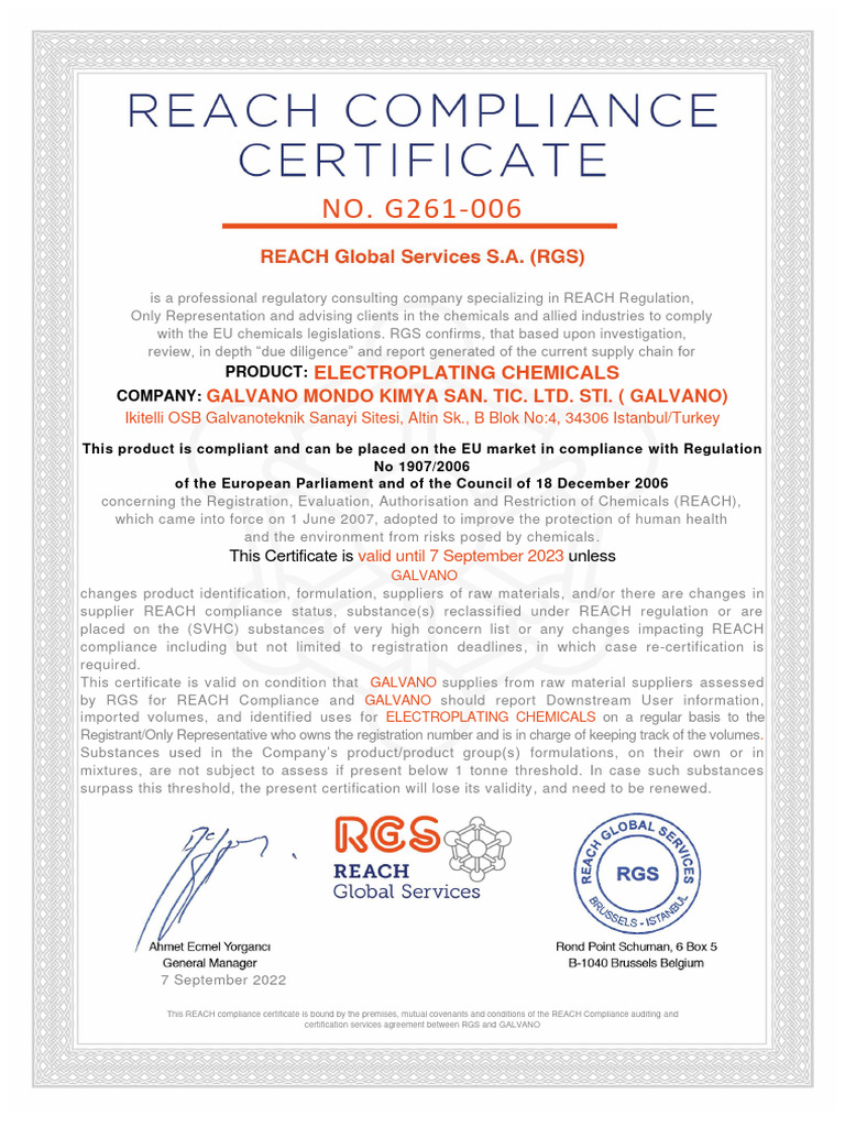 GALVANO MONDO REACH Compliance Certificate G261-006 07SEP22 | PDF ...