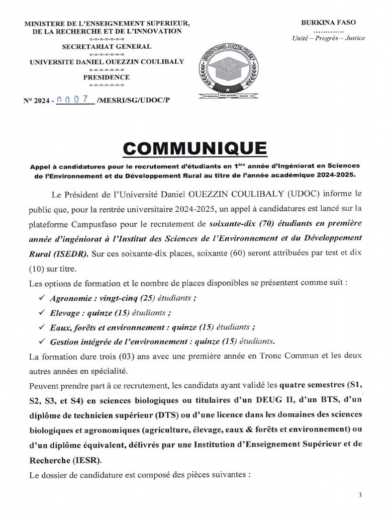 Communiqué Recrutement ISEDR 2024 | PDF
