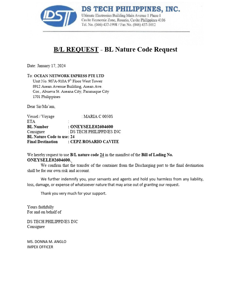 B/L Nature Code 24 Request | PDF | Business