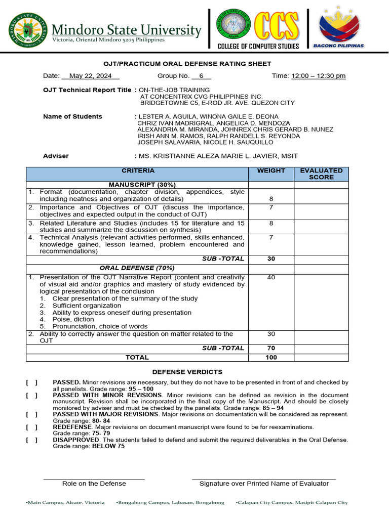 OJT Oral Defense Score Sheet | PDF | Learning | Human Communication