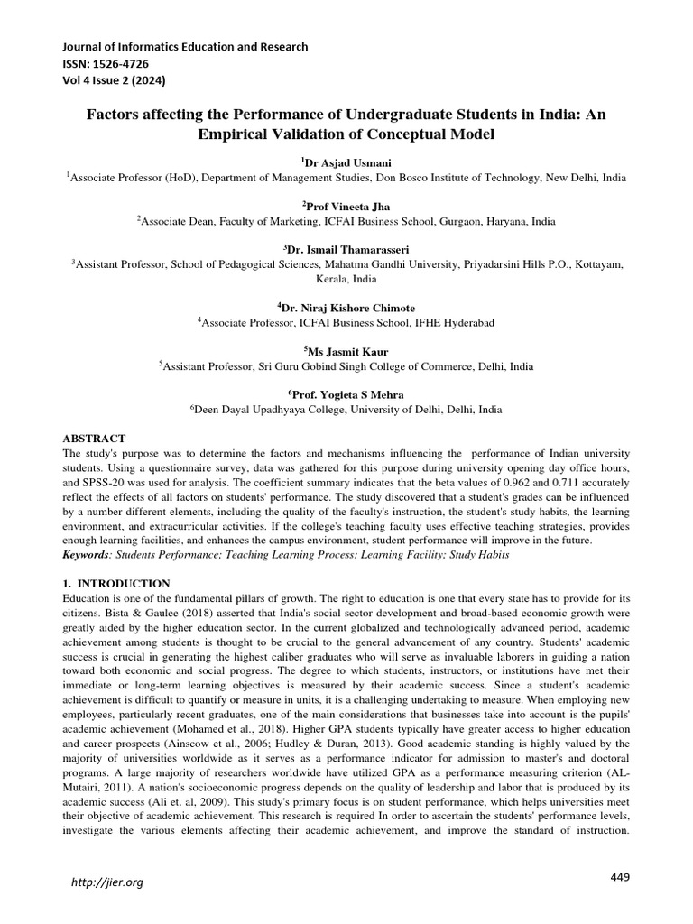 Factors Affecting The Performance of Undergraduate Students in India: An Empirical Validation of ...