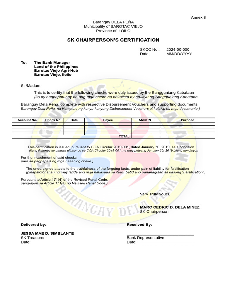 Annex 8 - SK Chairperson's Certification | PDF