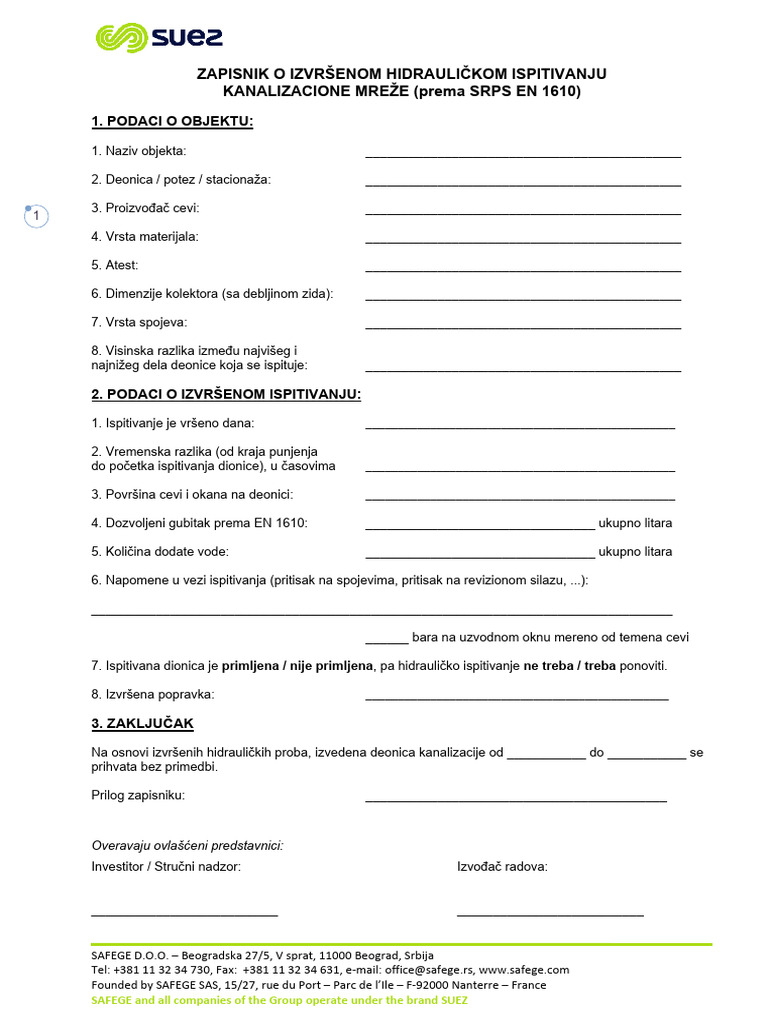 Zapisnik o Ispitivanju Kanalizacione Mreže | PDF