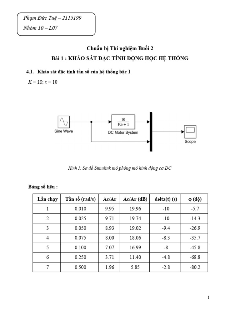 CB Thi Nghiem Bai 1 DKTD | PDF