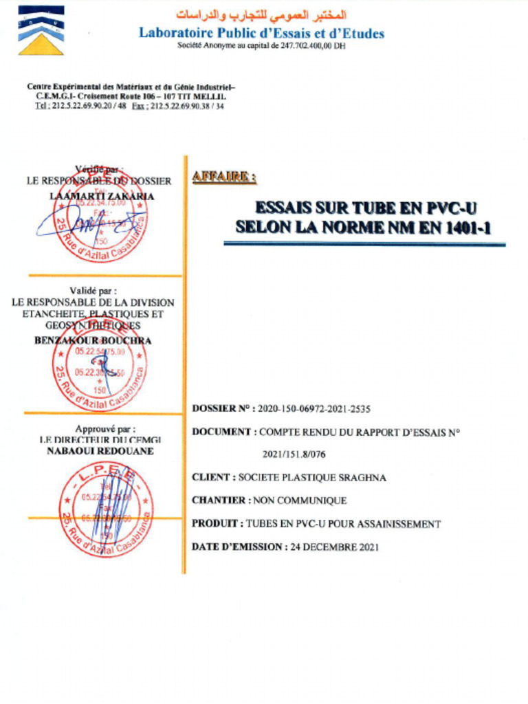 LPEE - Rapport D'essais - Tubes PVC Assainissement - Faplast | PDF