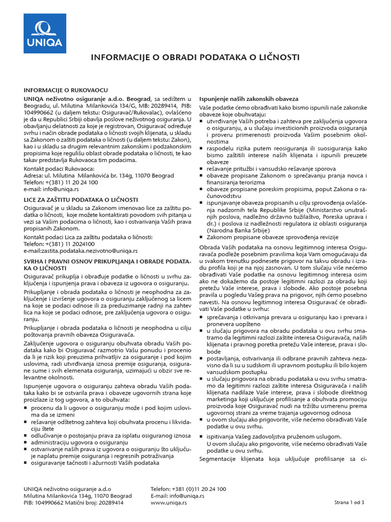 Informacije o Obradi Podataka o Ličnosti (6036) | PDF