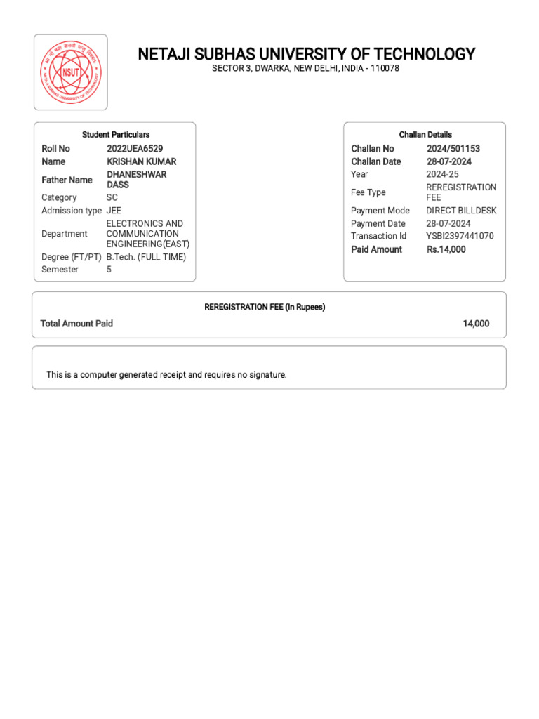 Netaji Subhas University of Technology: Student Particulars Challan Details | PDF