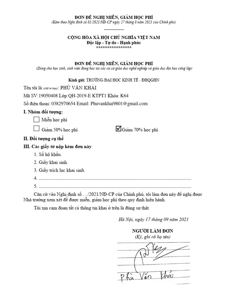 Đơn Miễn Giảm Học Phí | PDF