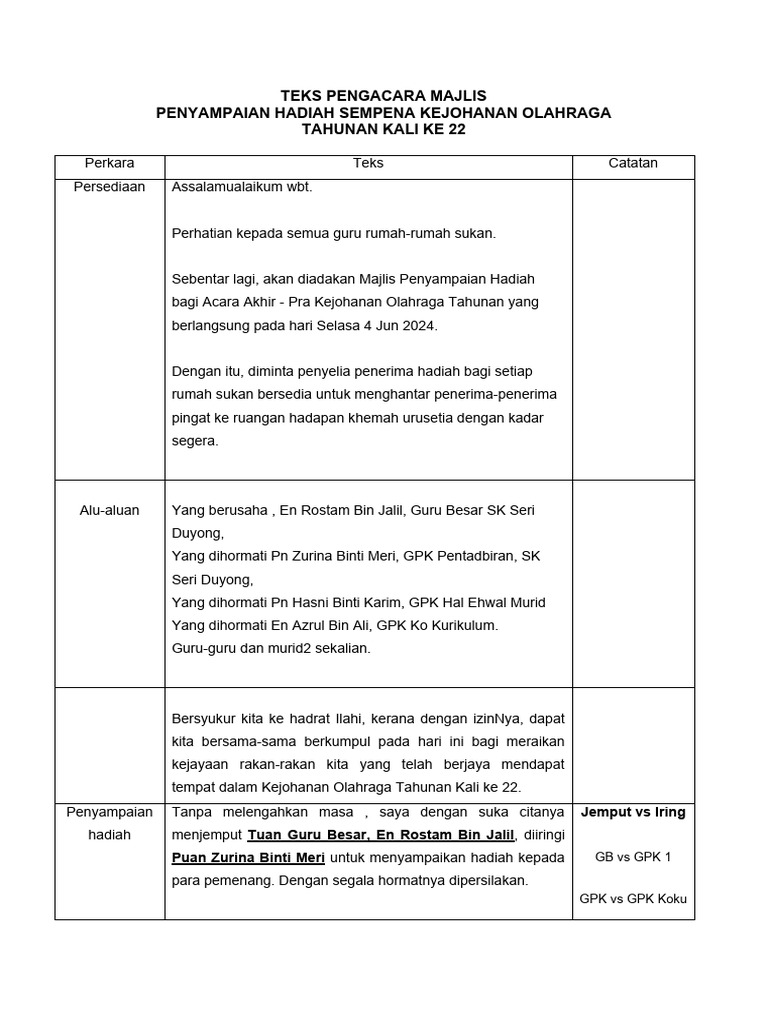 TEKS PENGACARA MAJLIS-penyampaian Hadiah Sukan Tahunan | PDF
