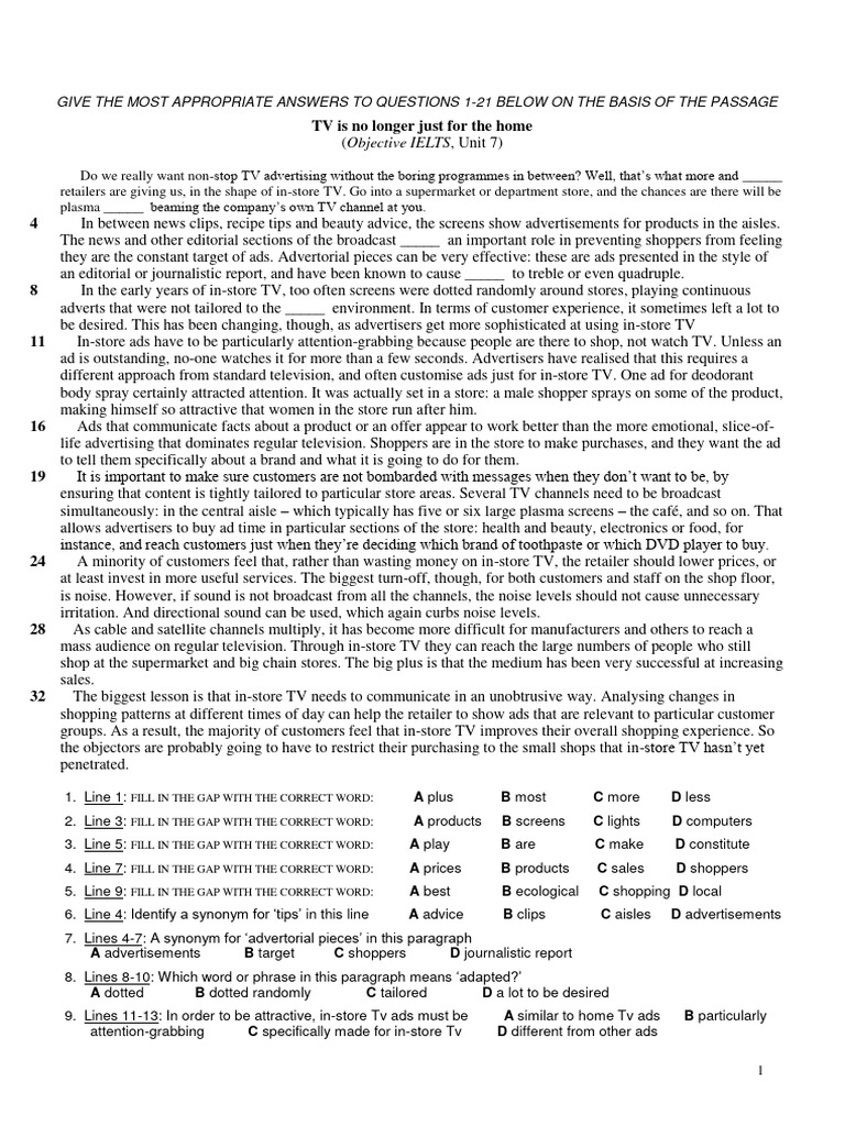 In-Store TV Passage Questions | PDF | Retail | Advertising