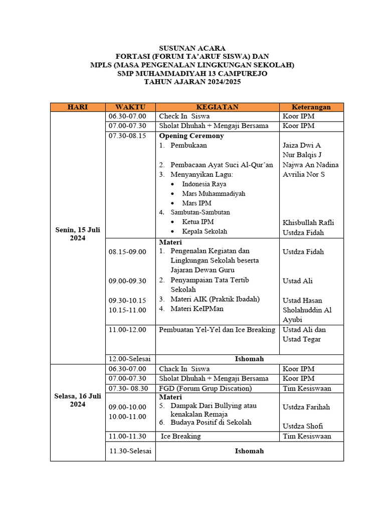Susunan Acara MPLS 2024 Revisi | PDF