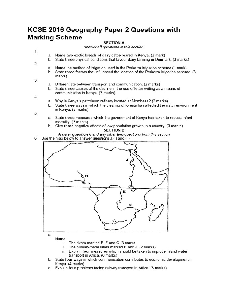 KCSE 2016 Geography Paper 2 Questions With Marking Scheme | PDF | Rail ...