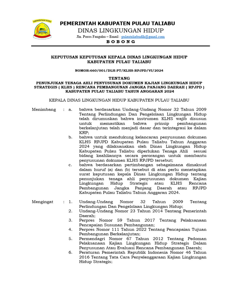 SK TENAGA AHLI KLHS RPJPD Taliabu | PDF
