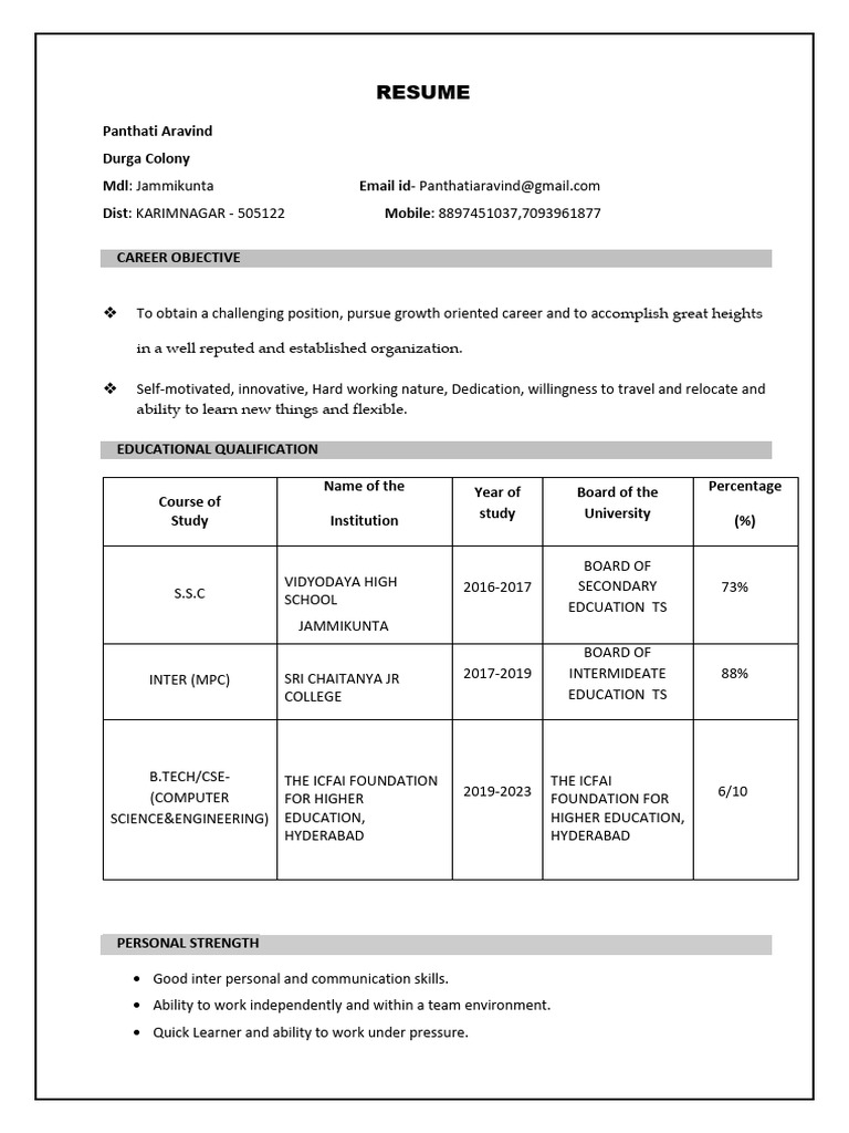 Panthati Aravind Resume 2024 | PDF | Learning
