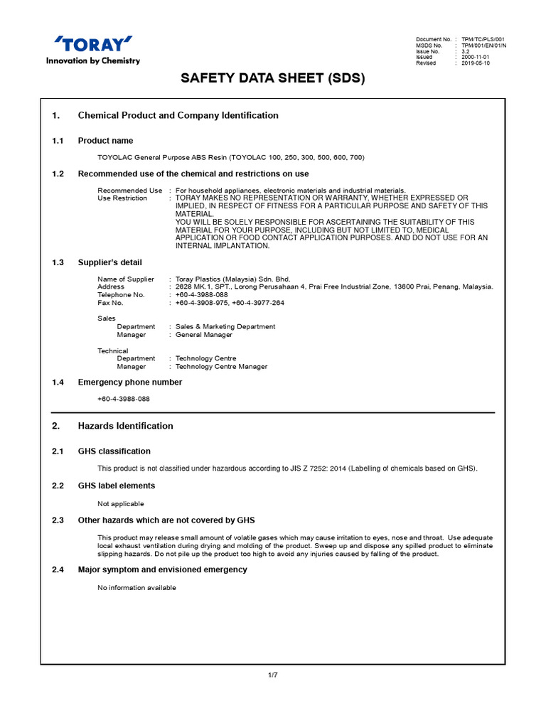 Toyolac ABS Resin Safety Data Sheet | PDF | Dust | Fires