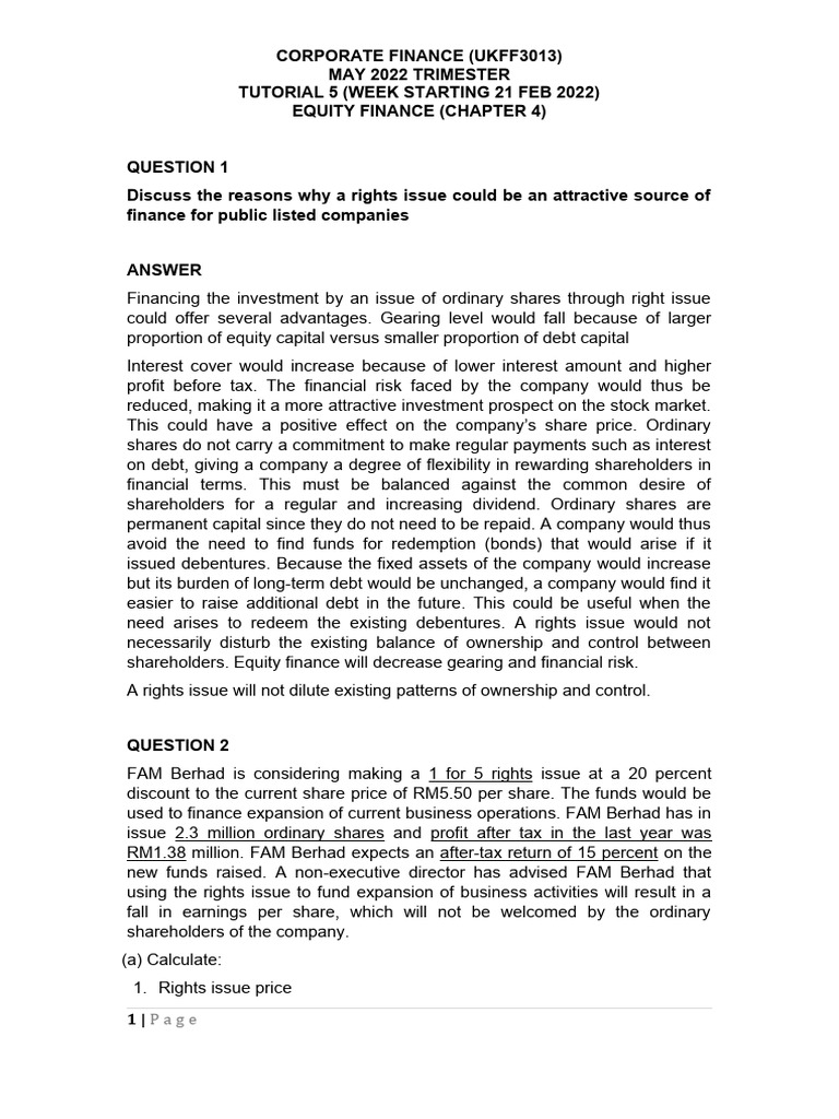 Benefits Of Rights Issues In Equity Finance Pdf Stocks Equity