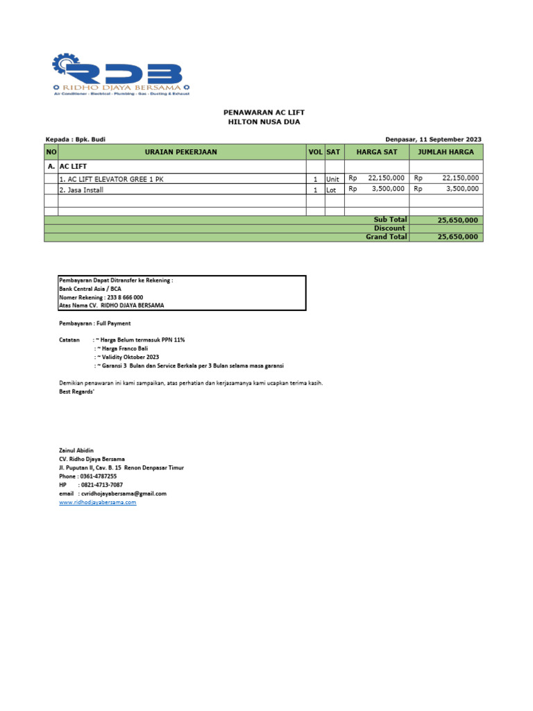 RDB - Penawaran Ac Lift Ac Elevator | PDF