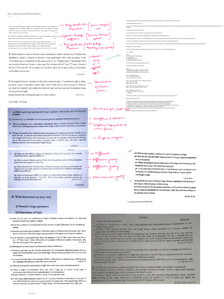 CO1 Geometrical and Physical Optics PYQ Analysed | PDF | Diffraction | Motion (Physics)