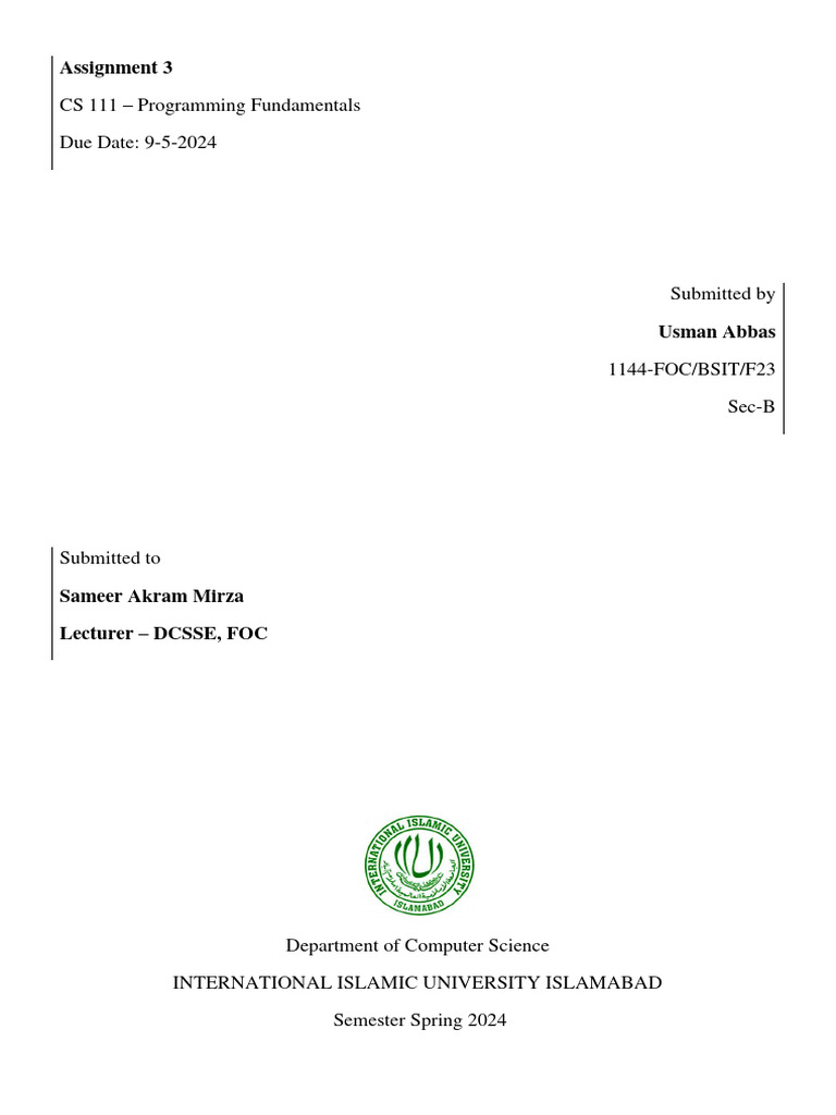 Assignment 3 PF - 1144 Usman Abbas - Spring 2024 | PDF