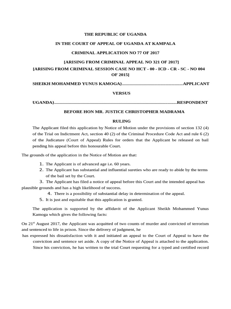 Uganda Court Bail Application Ruling | PDF | Bail | Burden Of Proof (Law)