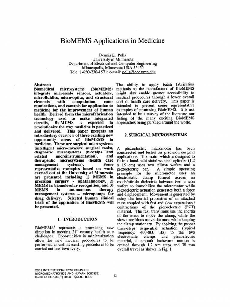 BioMEMS Applications in Medicine | PDF | Microelectromechanical Systems ...