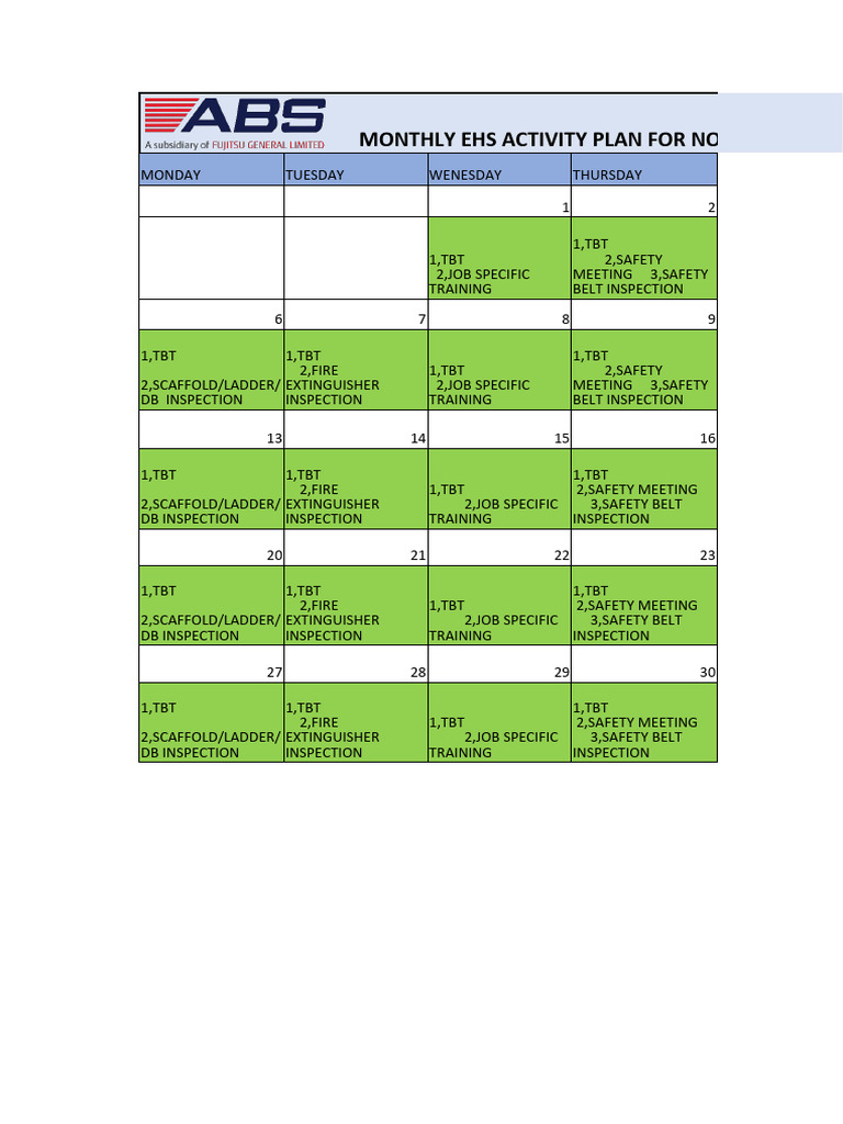 Monthly Ehs Activity Plan Nov | PDF | Computers | Technology & Engineering