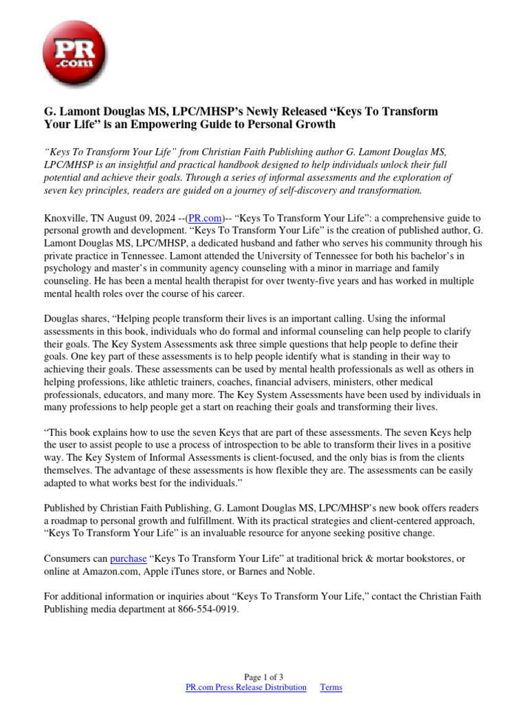 G. Lamont Douglas MS, LPC/MHSP's Newly Released "Keys To Transform Your Life" Is An Empowering ...