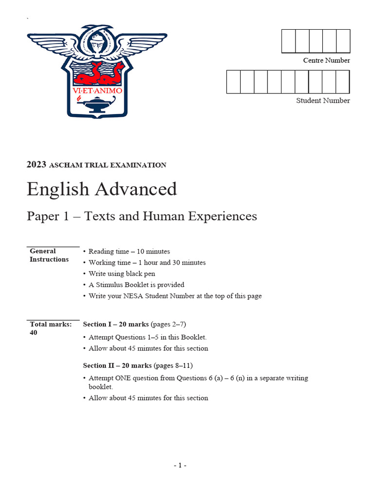 Ascham 2023 English Trial Paper 1 | PDF