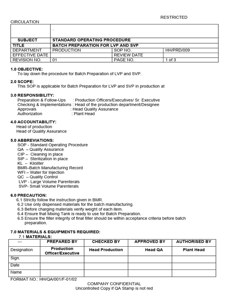 009 Sop For LVP Batch Preparation | PDF