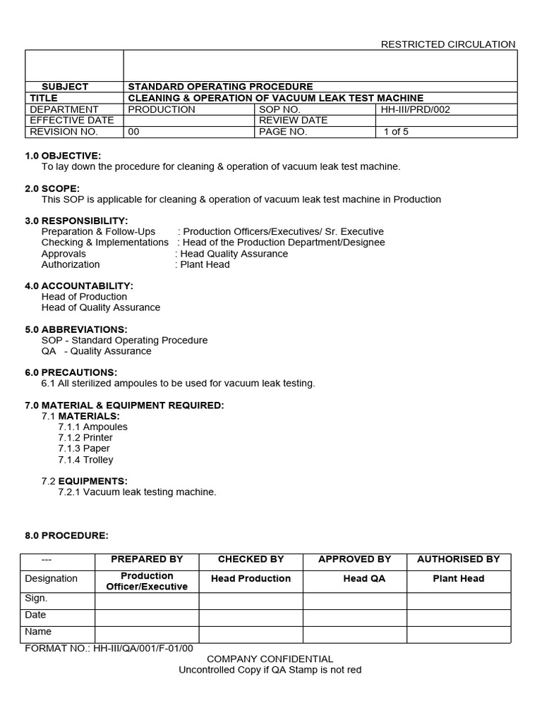 Vacuum Leak Test Machine SOP | PDF | Leak | Vacuum