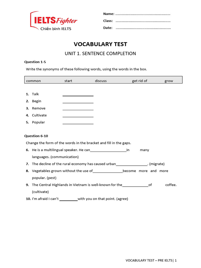 Vocab Test 4. Unit 1. Reading. Sentence Completion | PDF ...