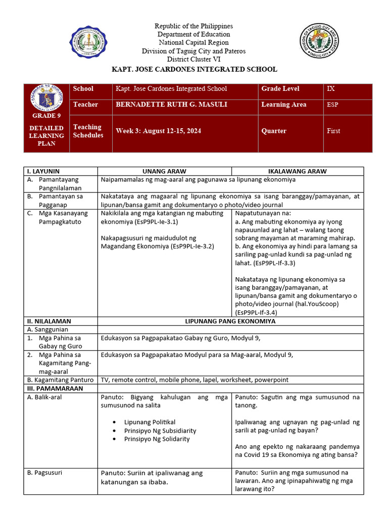 DLP Esp - Week 3. q1 - Lipunang Pang Ekonomiya | PDF