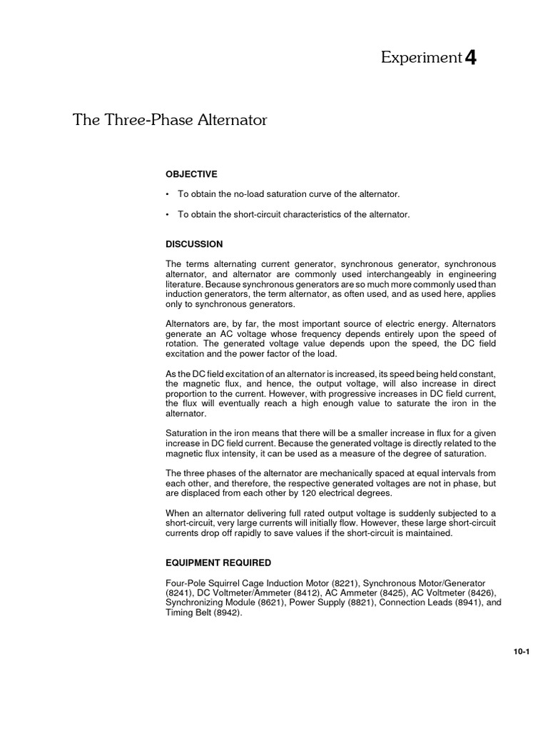 Exp4 Three Phase Alternator | PDF | Electric Motor | Electric Generator