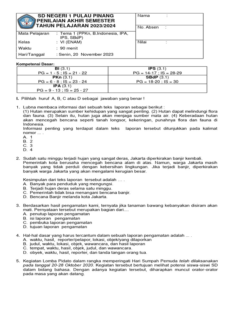 Soal PAS Tema 1-5 Dan MTK Kls 6 SMT 1 | PDF | Perjalanan | Kajian Bahasa Asing